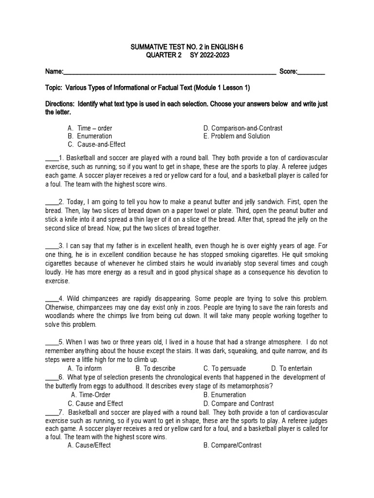 English 6 Quarter 2 Summative Test No. 2 | PDF