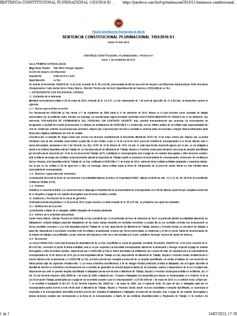 SENTENCIA CONSTITUCIONAL PLURINACIONAL 1103 - 2016-S1 - Tribunal Constitucional Plurinacional de ...