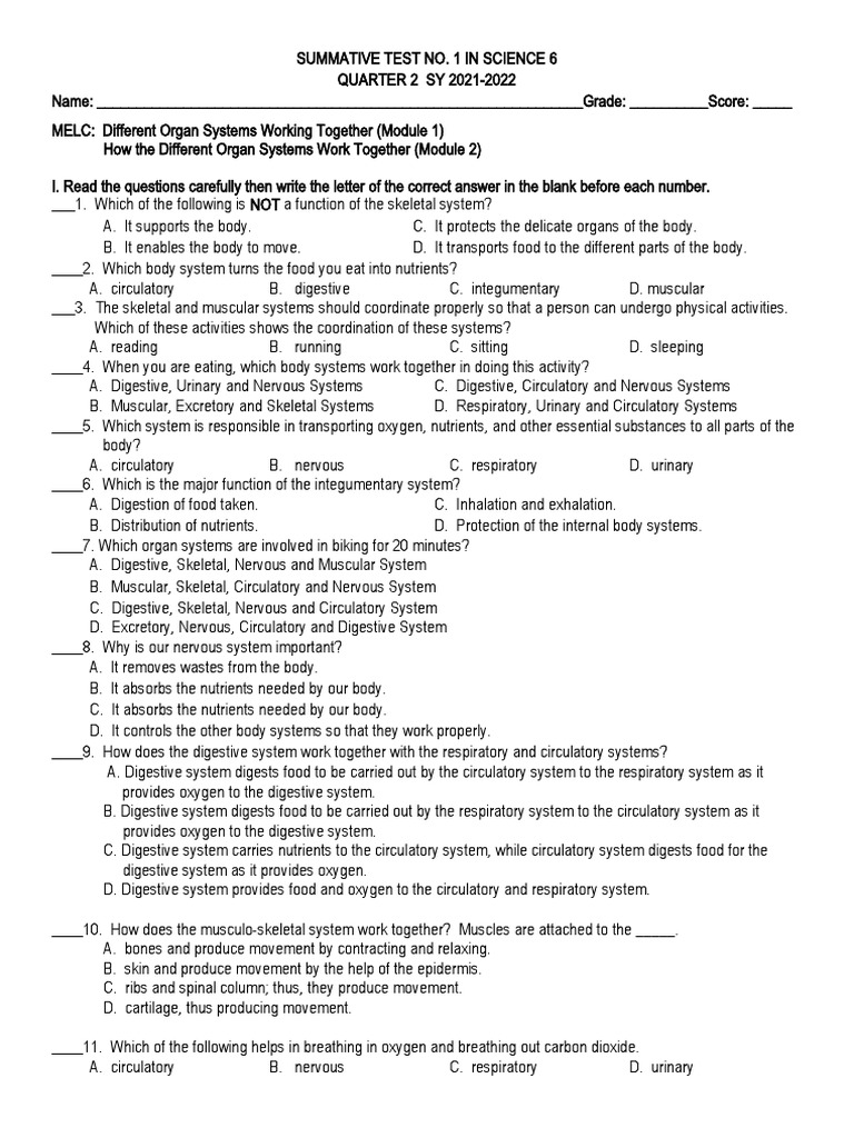 SCIENCE 6 Summative Test #1 QTR 2 | PDF | Human Body | Respiratory System