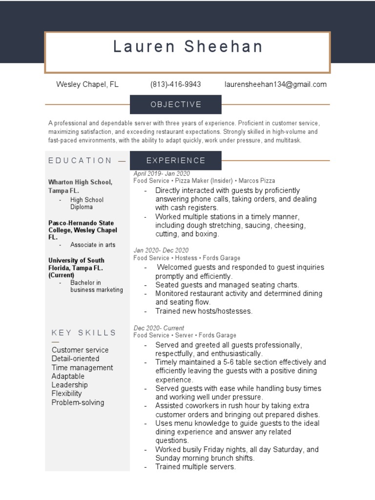 Lauren Sheehan Resume | PDF | Waiting Staff | Restaurants