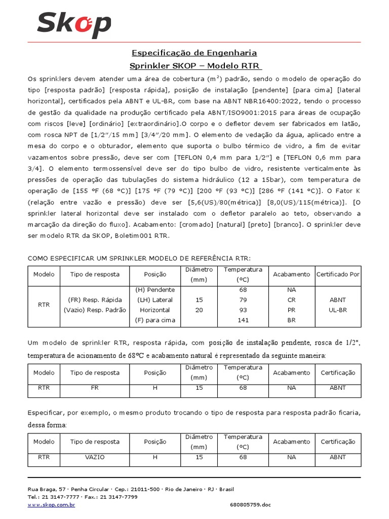 Skop Especificacao Engenharia Sprinkler RTR | PDF | Física Aplicada e ...
