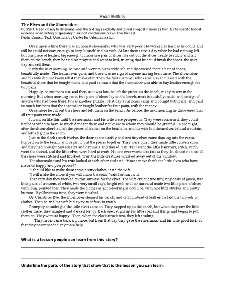 The Elves and the Shoemaker Story | PDF | Shoe