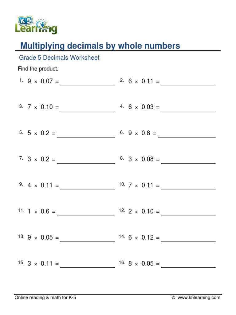 Grade 5 Multiplying Decimals 2 Digit by Whole Numbers A | PDF