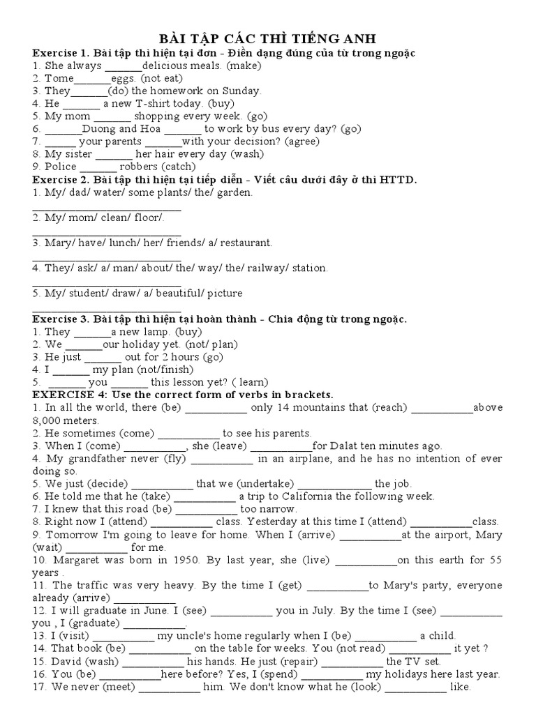 Bai Tap Tong Hop Ve Cac Thi Trong Tieng Anh Hay Co Dap An | PDF