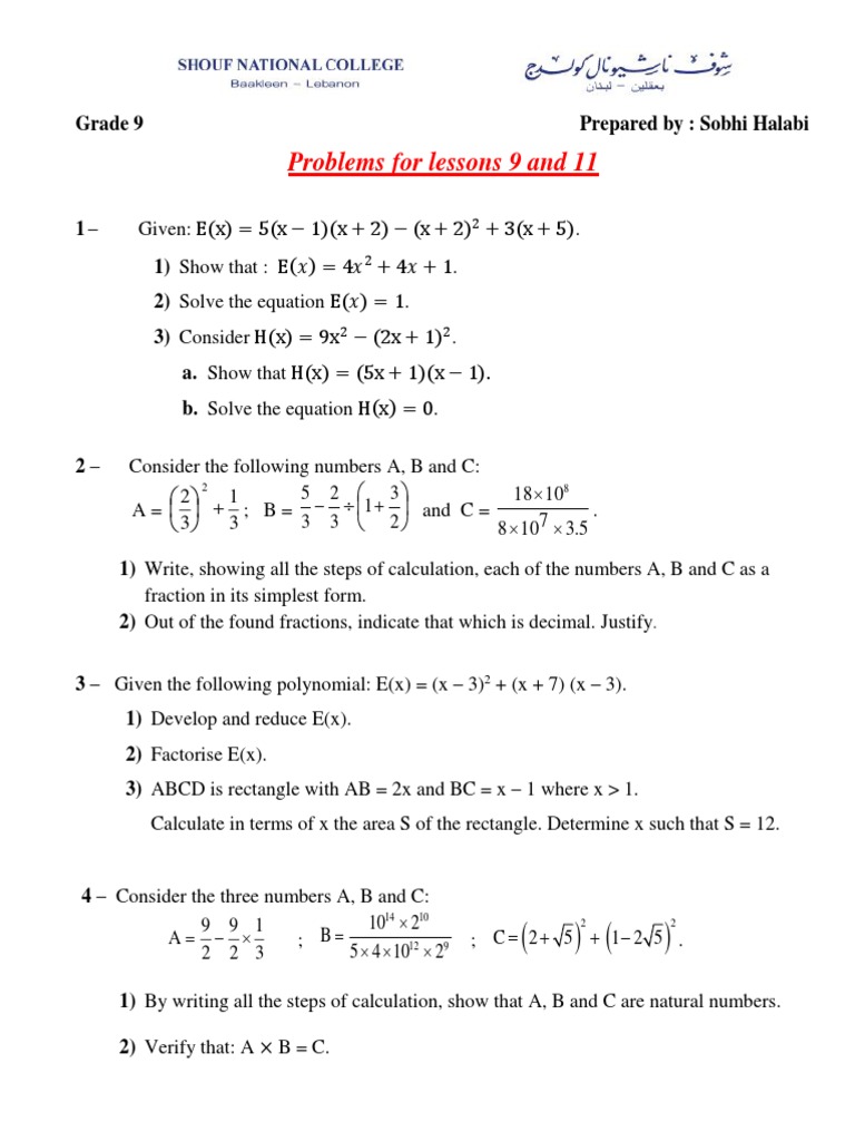Grade 9 - Math - Problems For Lessons 9 and 11 | PDF | Numbers ...