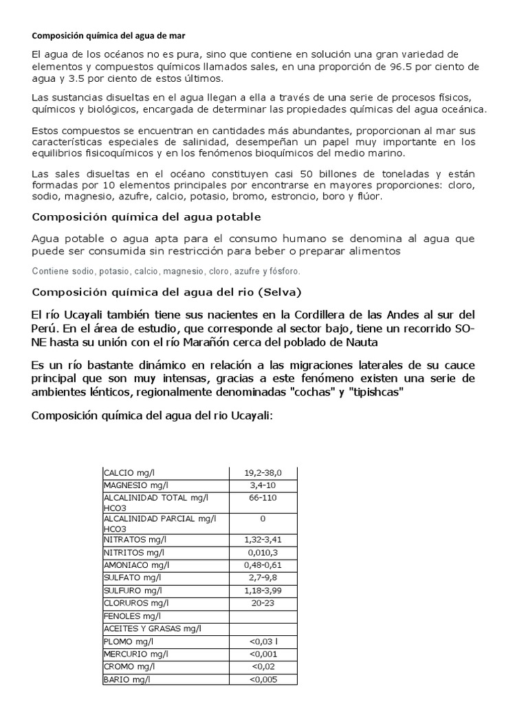 Composición Química Del Agua de Mar. Potable y Rios | PDF | Agua | Agua ...