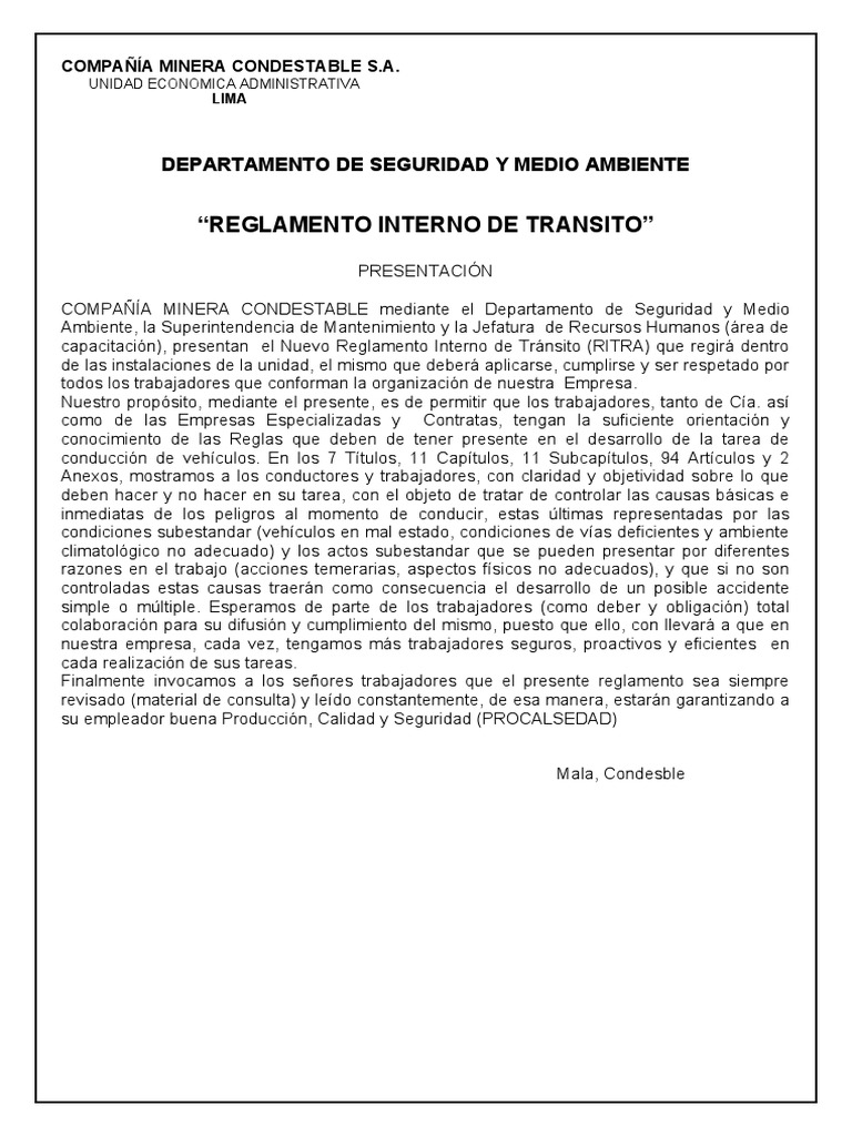 RITRA (Reglamento Interno Detransito - CMC 2008) | PDF | Seguro de ...