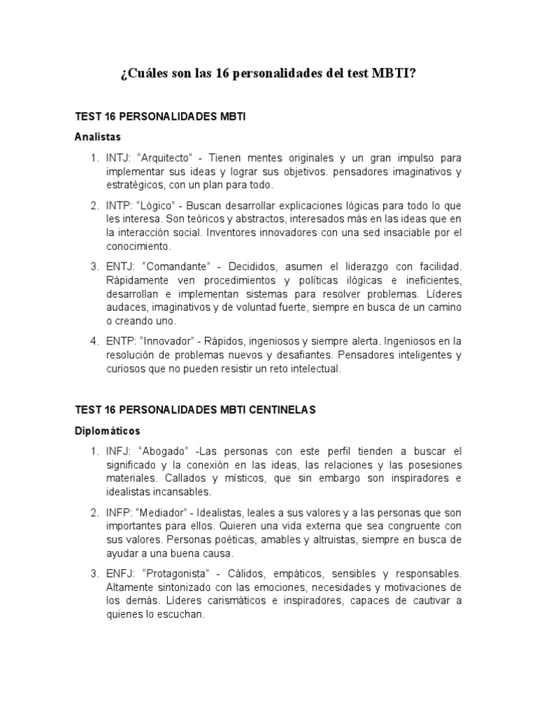 Cuáles Son Las 16 Personalidades Del Test Mbti Pdf Sicología