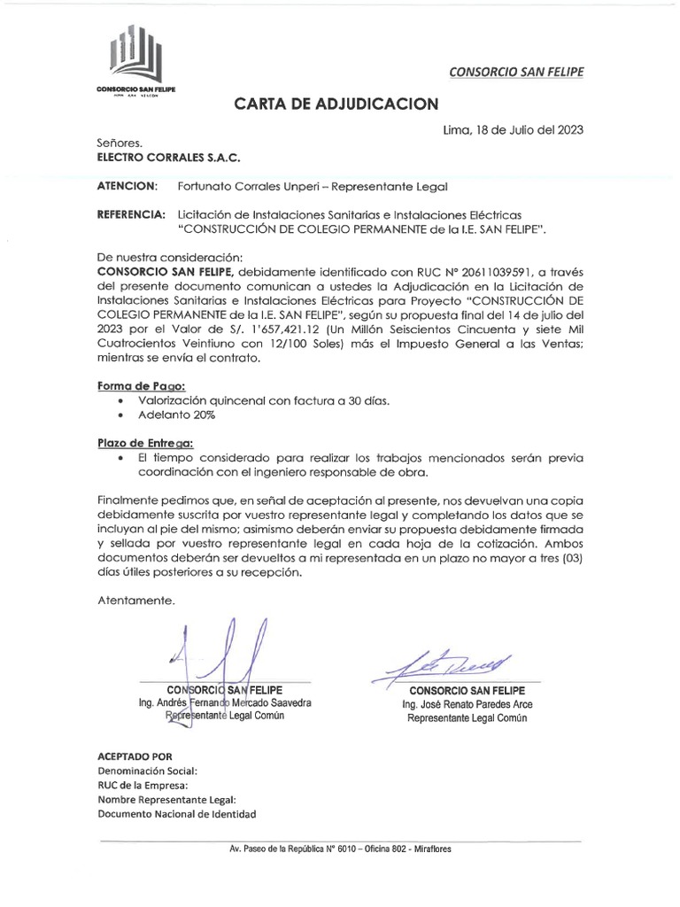 CARTA DE ADJUDICACION | PDF