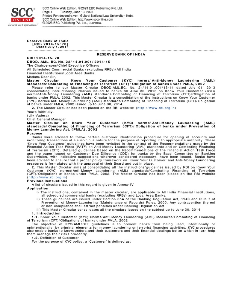 RBI Master Circular, 2014 | PDF | Money Laundering | Banks RBI Master Circular, 2014 | PDF | Money Laundering | Banks