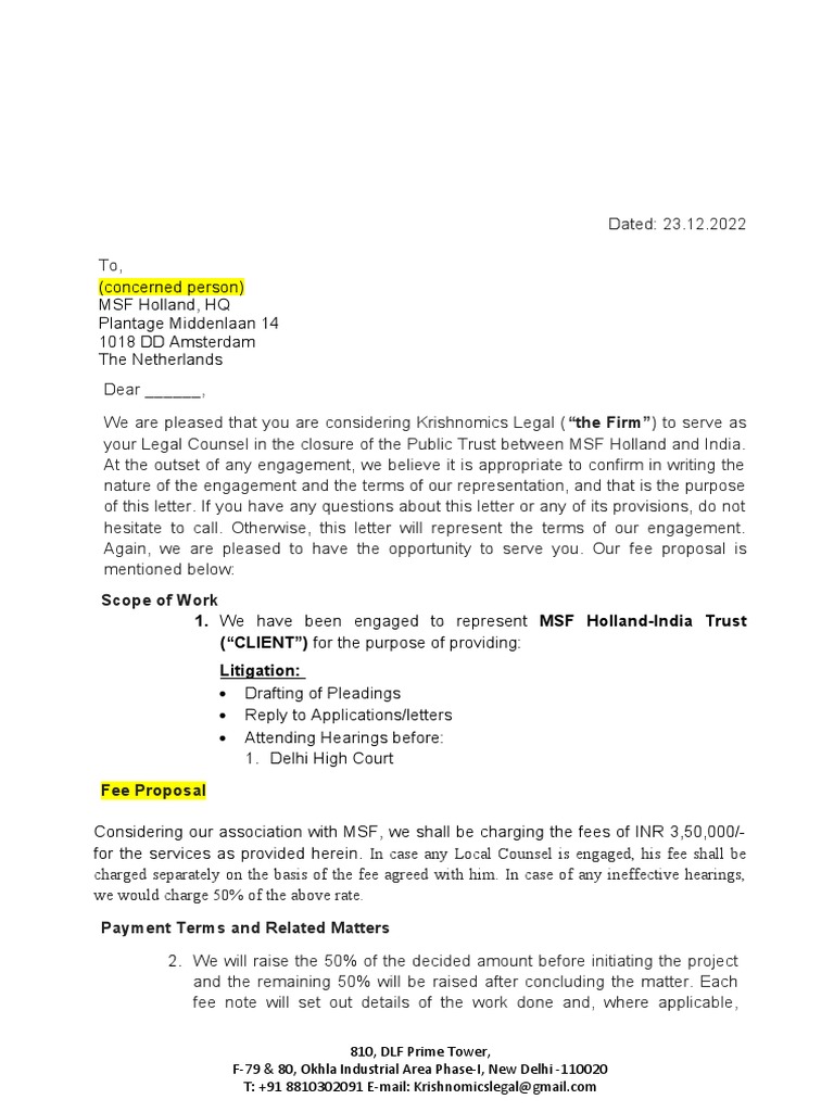 Engagement Letter MSF Holland | PDF | Fee | Justice