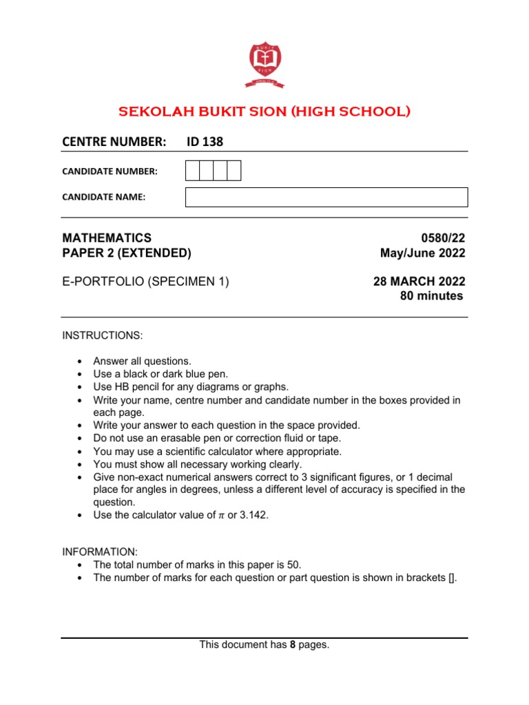 Mathematics Paper 2 Specimen 2022 | PDF | Significant Figures | Mean
