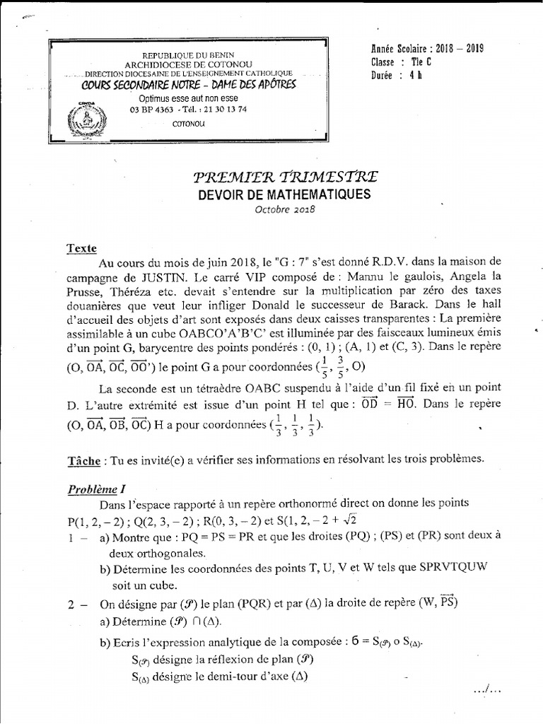 CCNDA Devoir Math Tle C 2018-2019 | PDF