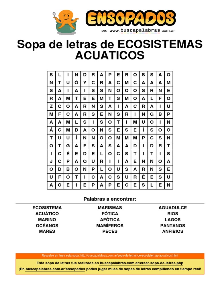 Sopa de Letras de ECOSISTEMAS Acuaticos: Palabras A Encontrar | PDF ...