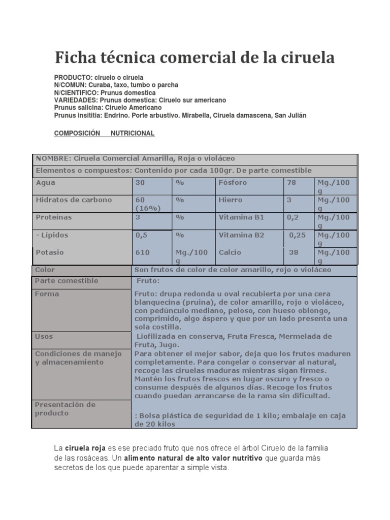 Ficha Técnica Comercial de La Ciruela | Descargar gratis PDF | ciruela | Fruta