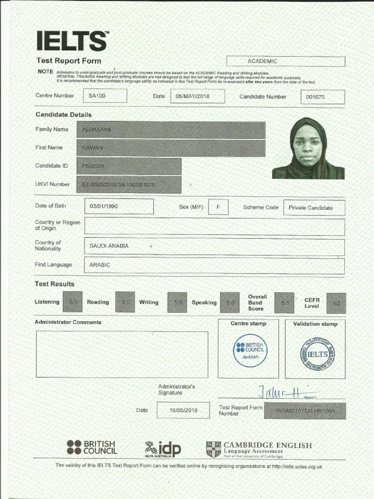 Rawan Hussein A Alhasawi_ILETS (UKVI)(old) | PDF