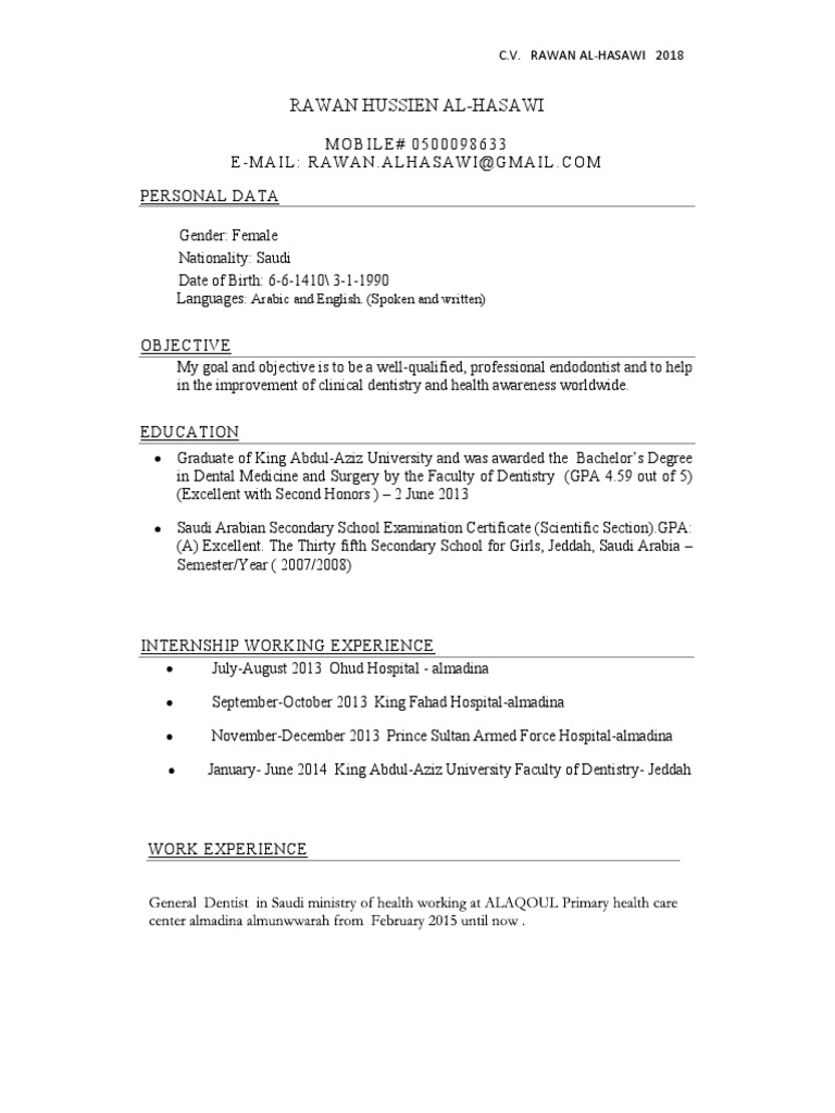 Rawan Hussein A Alhasawi - CV | PDF | Dentistry | Saudi Arabia