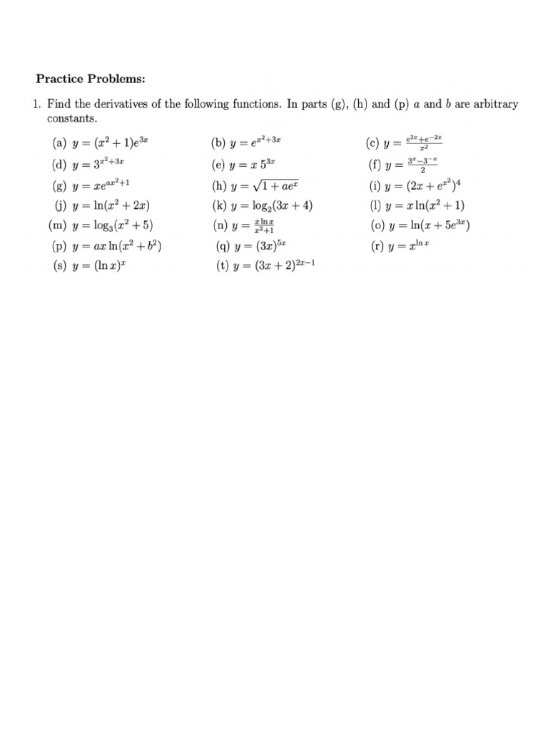 Derivatives Of Exp And Log Functions Practice Pdf