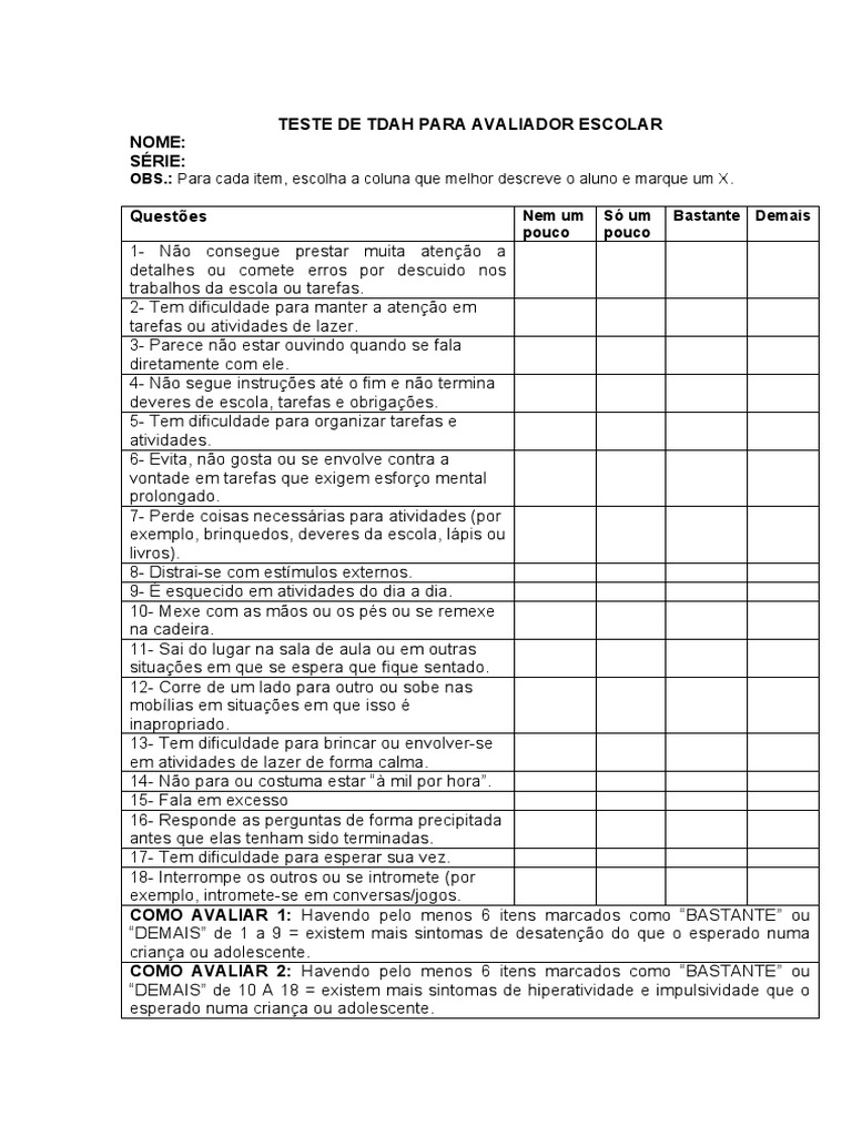 Teste de Tdah para Avaliador Escolar | PDF