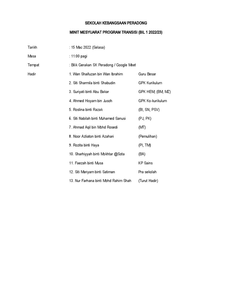 Minit Mesyuarat Transisi 2022 | PDF