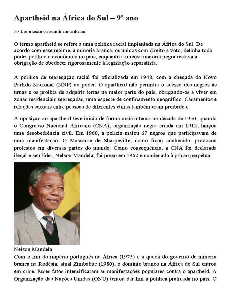 9º Ano Apartheid Na África Do Sul 17.12 | PDF | Apartheid | Nelson Mandela