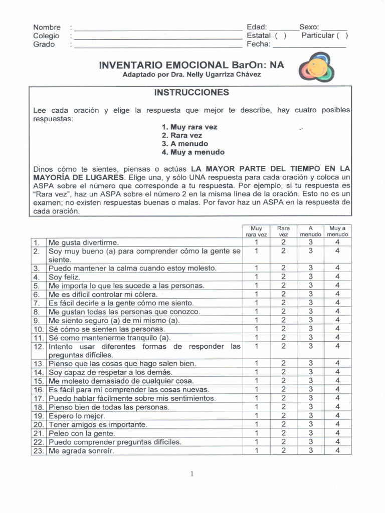 ICE BarOn 60 y 30 Preguntas NA | PDF