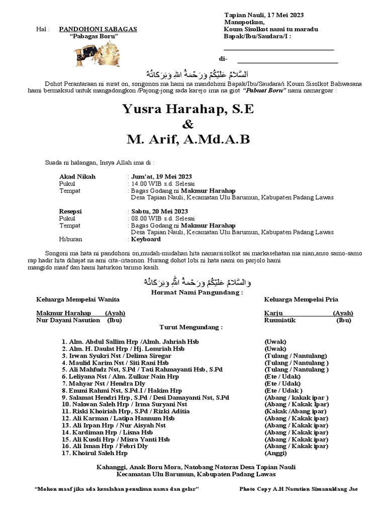 Undangan Pabuat Boru Yusra | PDF