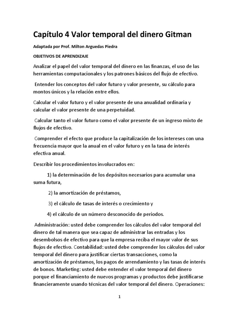 Resumen Capítulo 4 Valor Temporal Del Dinero Gitman | PDF | Dinero | Economias