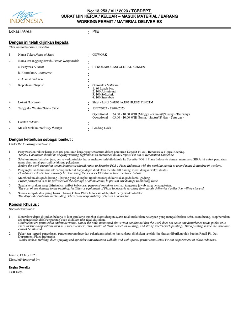 Surat Loading Plaza Indonesia | PDF