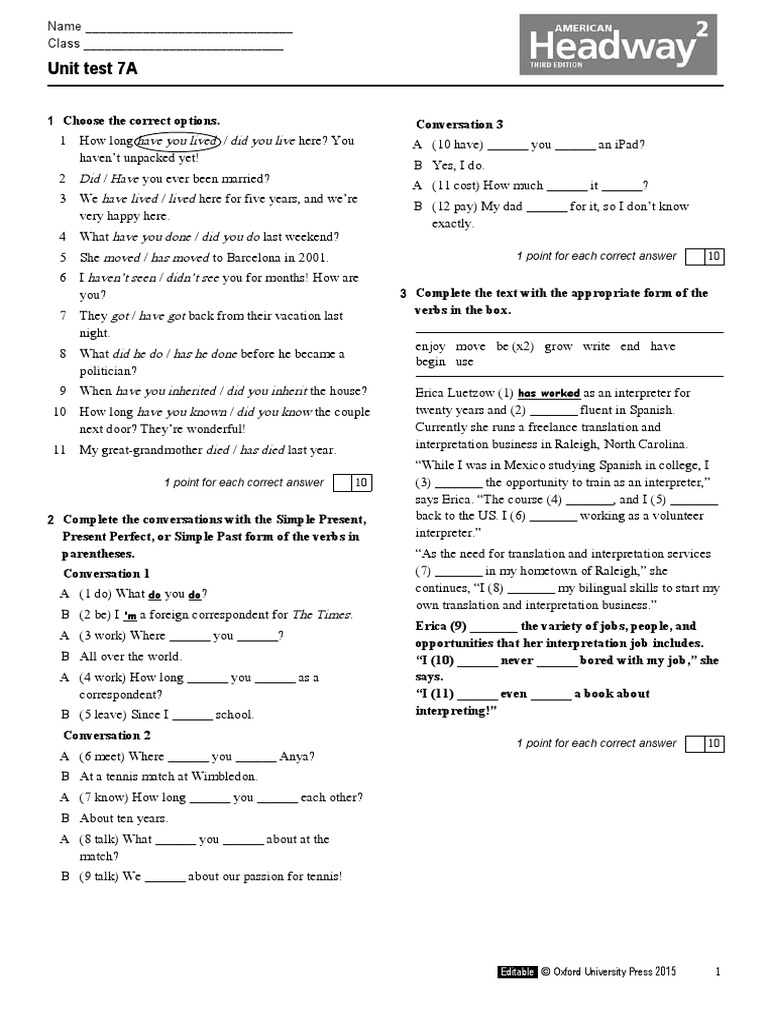 AHW3e - Level 2 - Unit Test 7a | PDF | Linguistics | Grammar