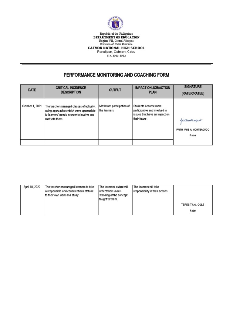 PERFORMANCE MONITORING COACHING FORM Monteagudo | PDF | Cognitive ...