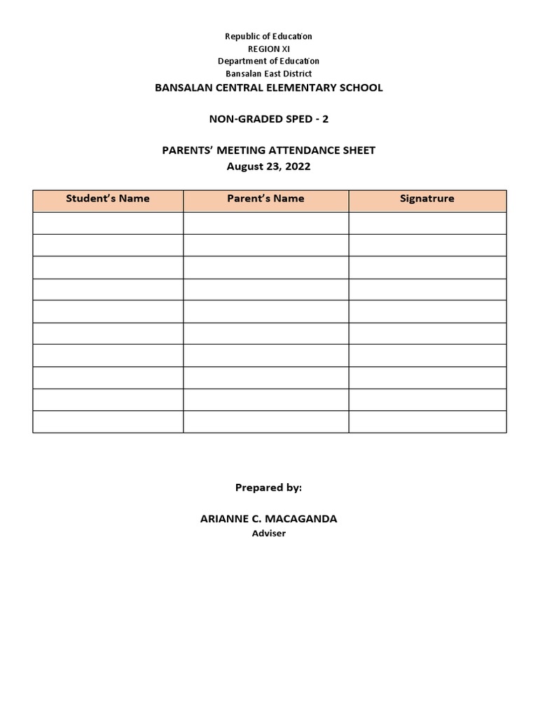Attendance Sheet Parents Meeting | PDF