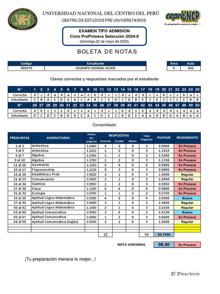 Boleta de Notas: Universidad Nacional Del Centro Del Perú | PDF