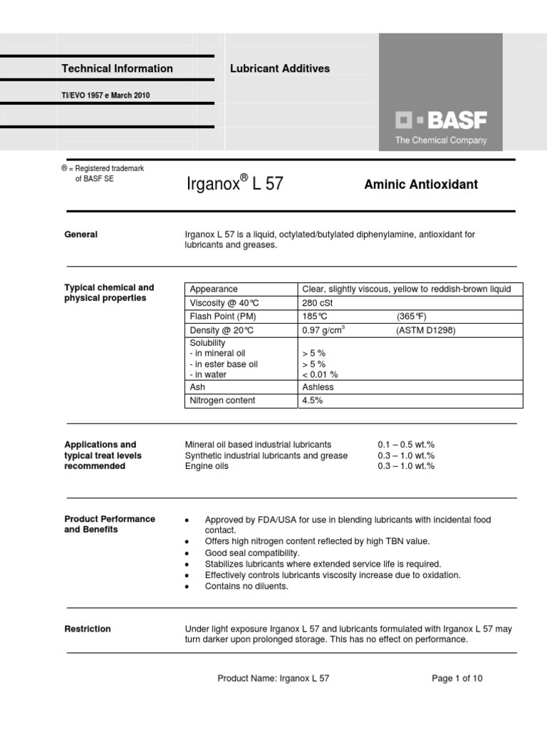 Irganox L57 | PDF | Motor Oil | Legal Liability