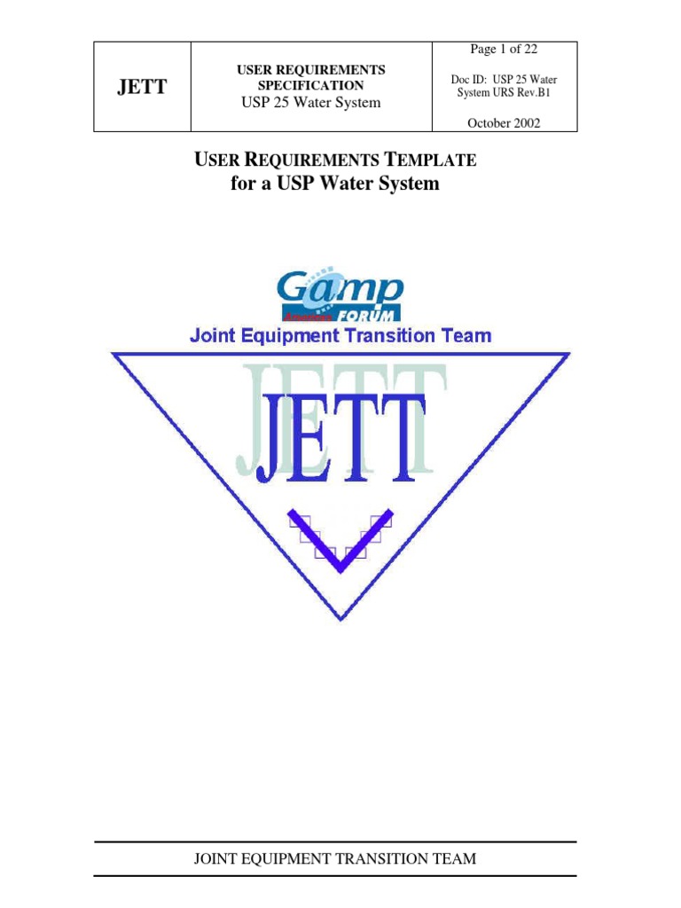 JETT User Requirements Template For USP Water System | PDF | Purified ...