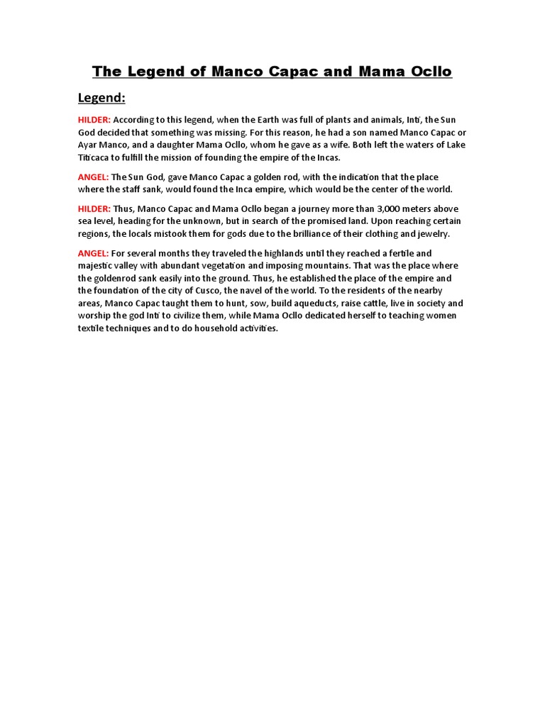 The Legend of Manco Capac and Mama Ocllo | PDF
