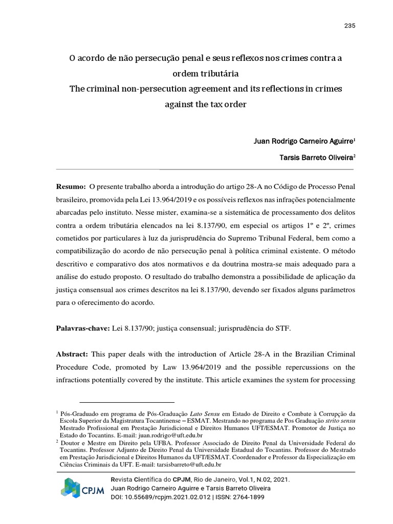 O Acordo de Não Persecução Penal e Seus Reflexos Nos Crimes Contra A ...
