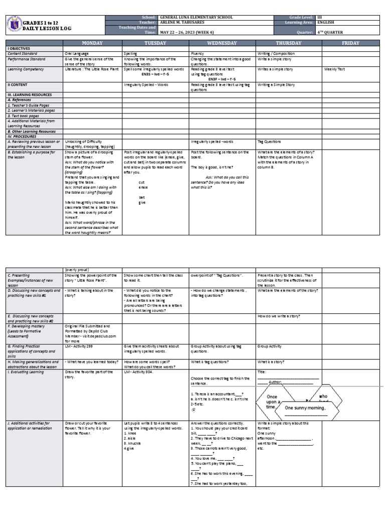 DLL - English 3 - Q4 - W4 | PDF | Cognitive Science | Linguistics