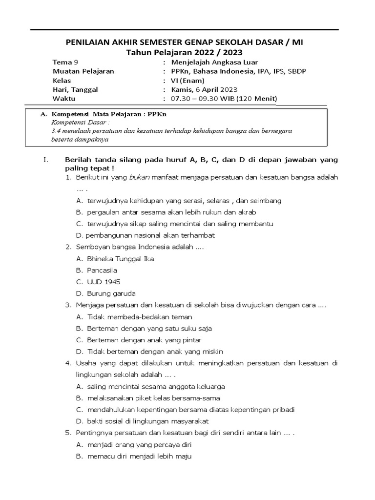 Soal Pas Kelas 6 Tema 9 | PDF | Seni & Disiplin Bahasa