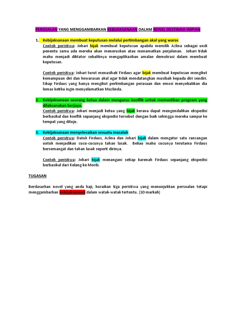 Persoalan Yang Menggambarkan Kebijaksanaan Dalam Novel Destinasi Impian | PDF