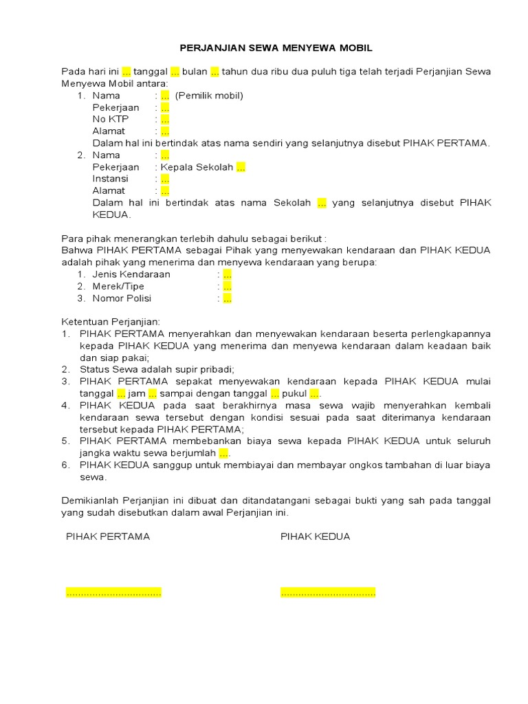 Perjanjian Sewa Mobil Bulanan | PDF
