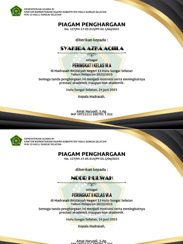 Piagam Raport Kelas 6 | PDF