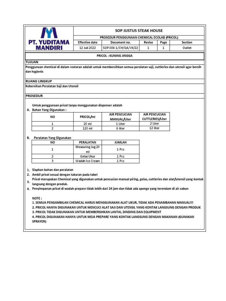 006-1 SOP Penggunaan Chemical Pricol (Revisi) | PDF