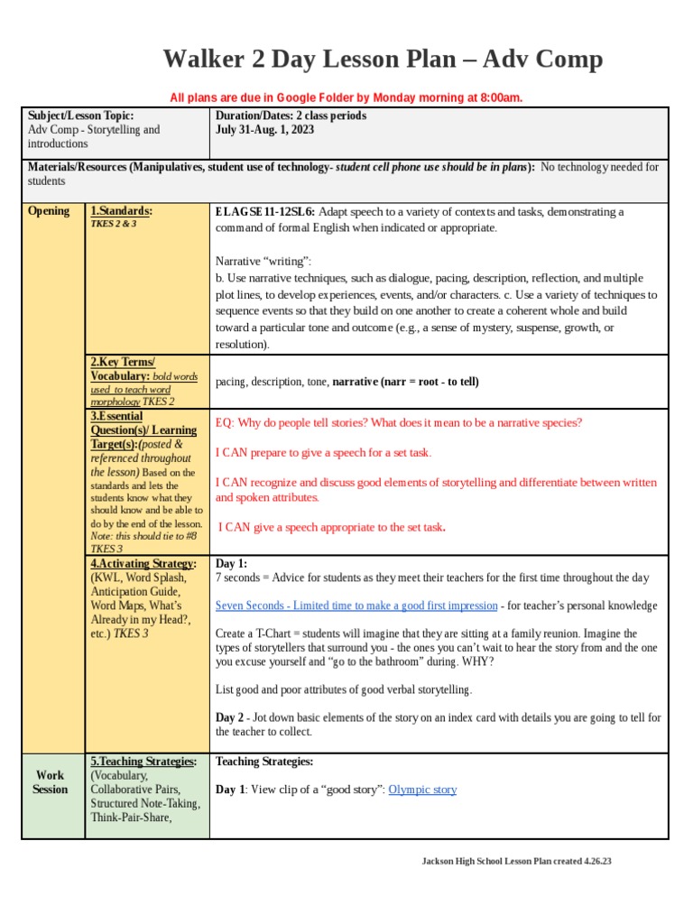 Walker of Sample Two Day Lesson Plan - First Days of Class | Download ...