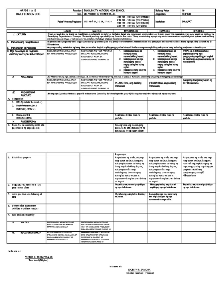 Q4 DLL-Filipino 10 WEEK 1 | PDF