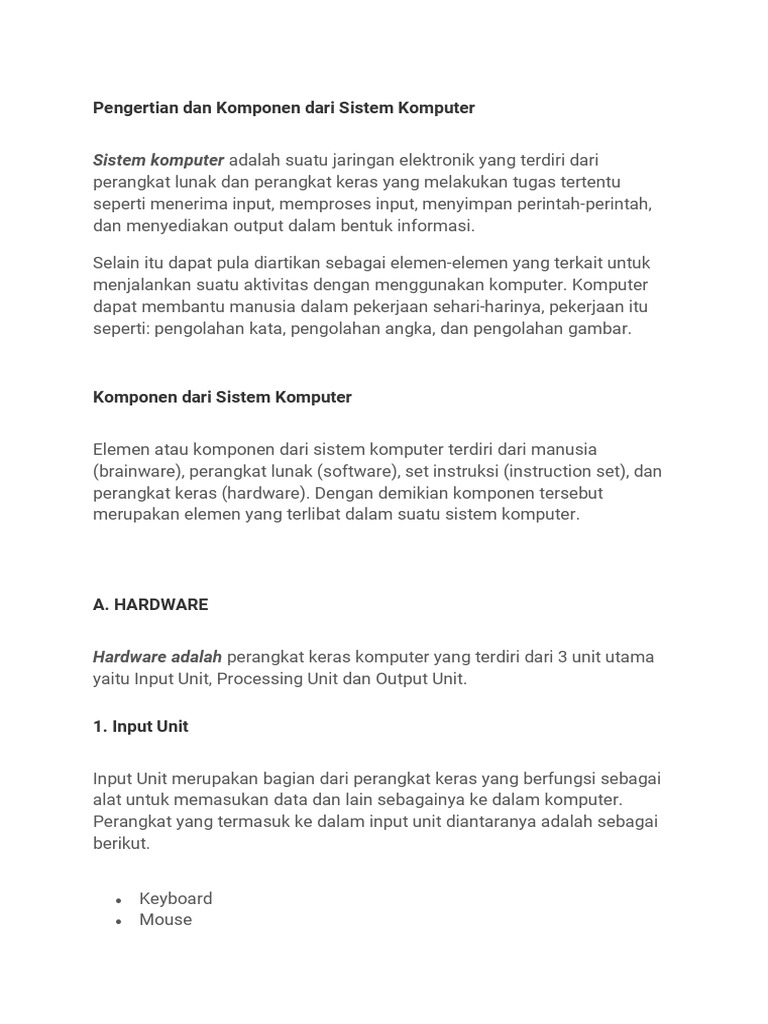 Pengertian Dan Komponen Dari Sistem Komputer | PDF