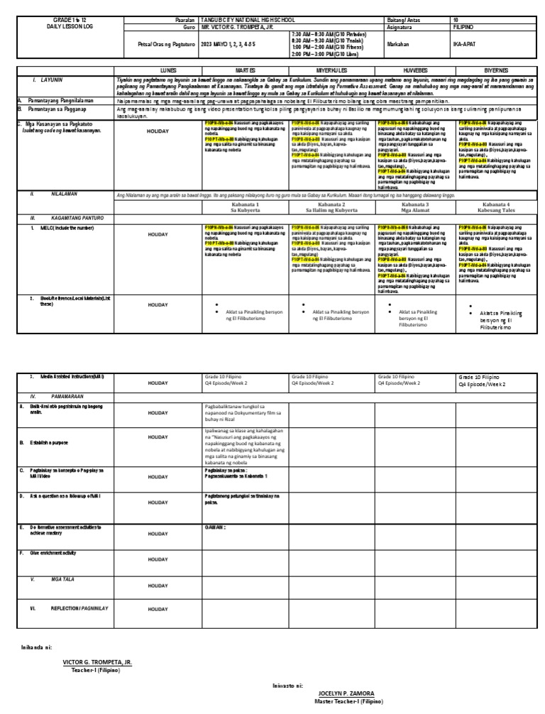 Q4 DLL-Filipino 10 WEEK 2 | PDF
