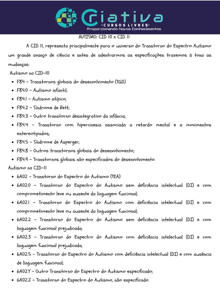 Aula 19 - Autismo - CID 10 X CID 11 | Download grátis PDF | Espectro do ...