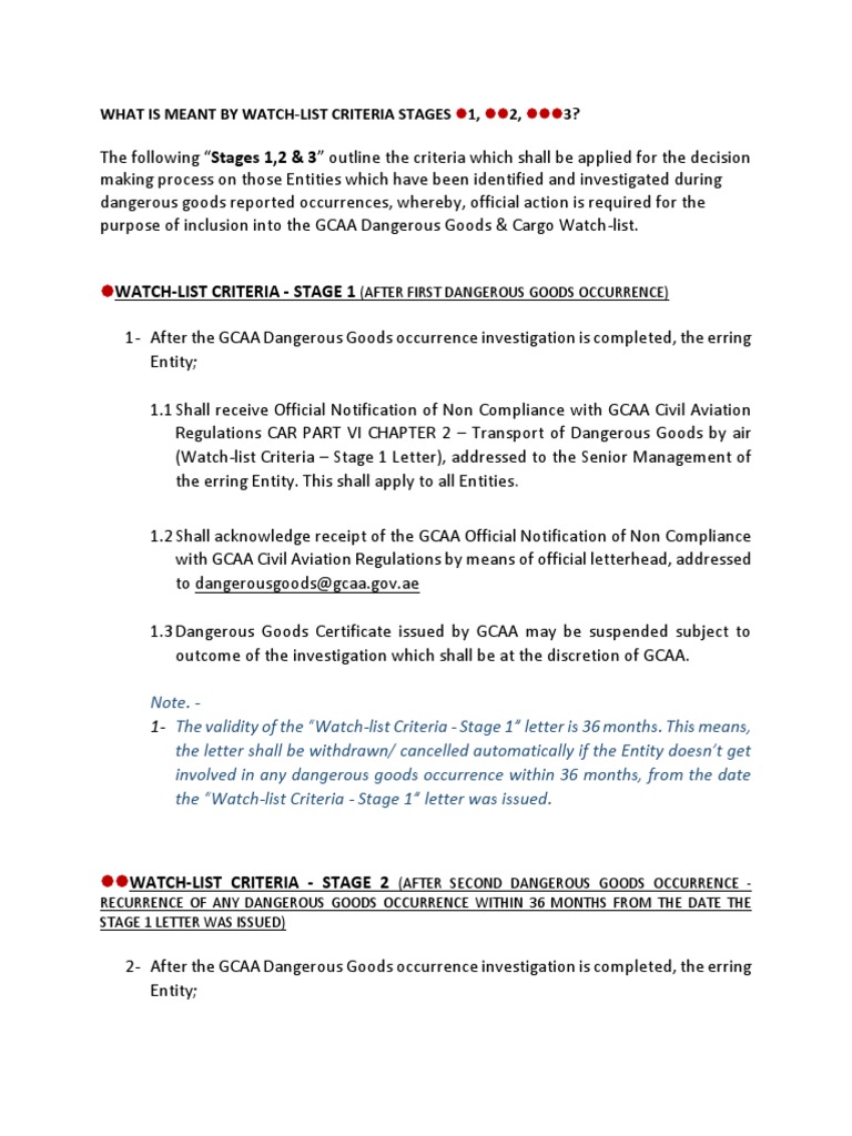 GCAA Dangerous Goods Watch-list Criteria | PDF | Dangerous Goods ...