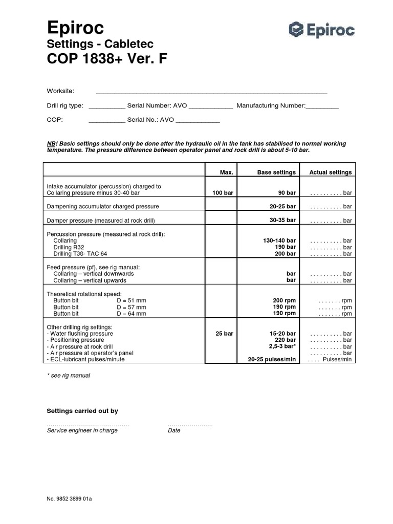 9852 3899 01a Settings Cabletec COP 1838+ Ver. F | PDF | Machines | Manufactured Goods